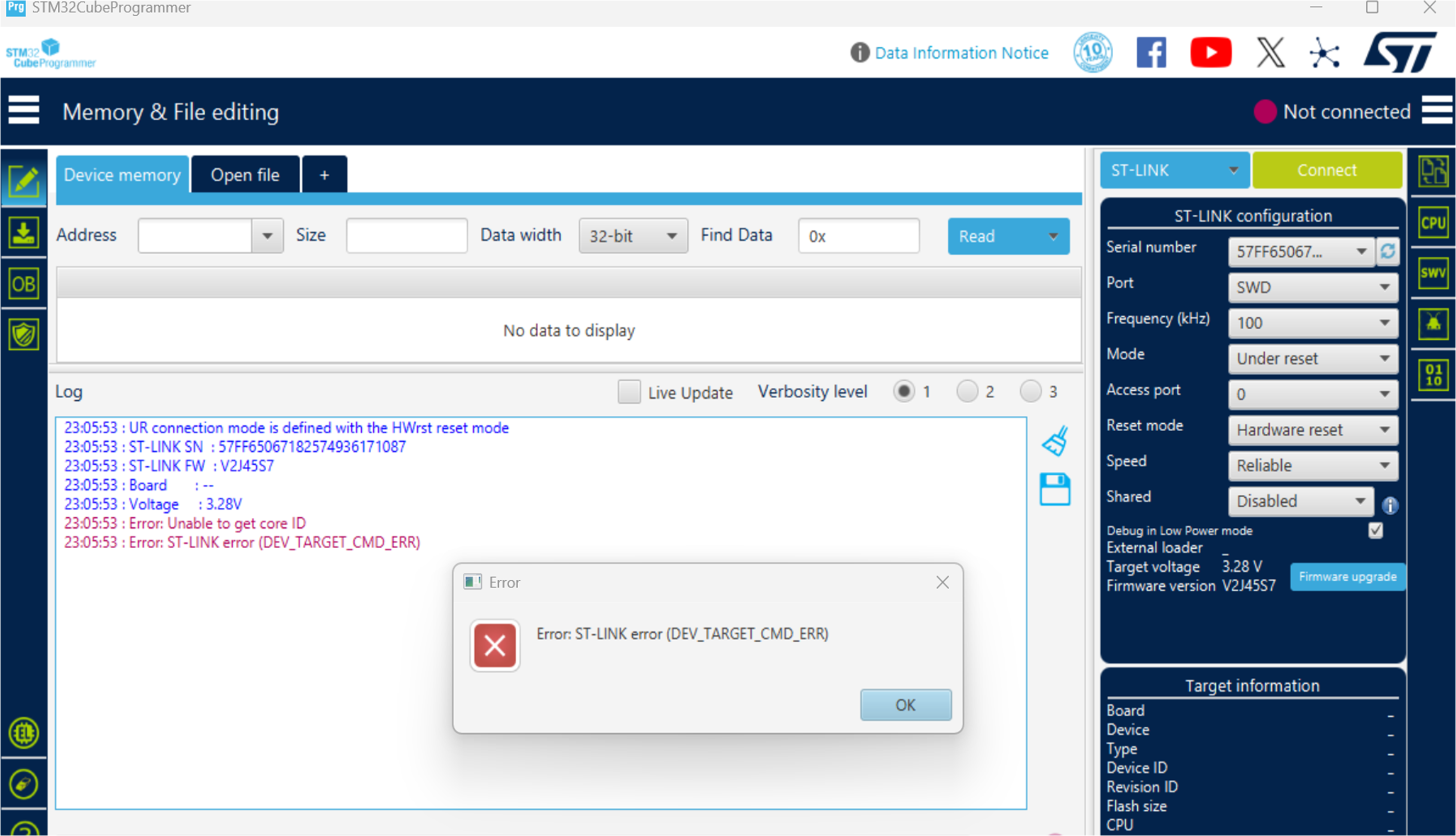 Solved Cannot Make Stlink V2 Connection With Stm32wl33 Stmicroelectronics Community