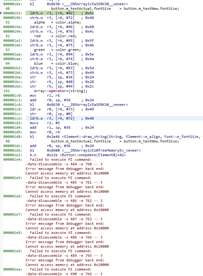 Failed to execute MI command: -data-disassemble -s ... Failed to execute MI command: -data-disassemble -s ...