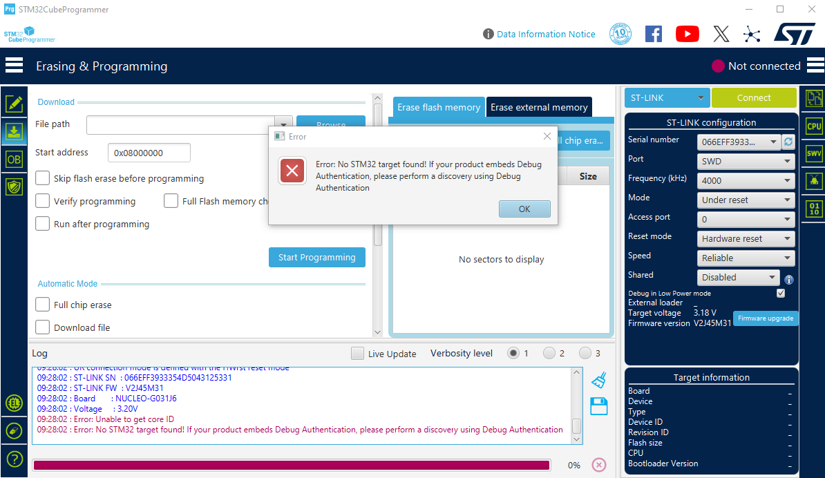 Solved: RE: Cannot connect to STM32 target to erase memory - STMicroelectronics Community