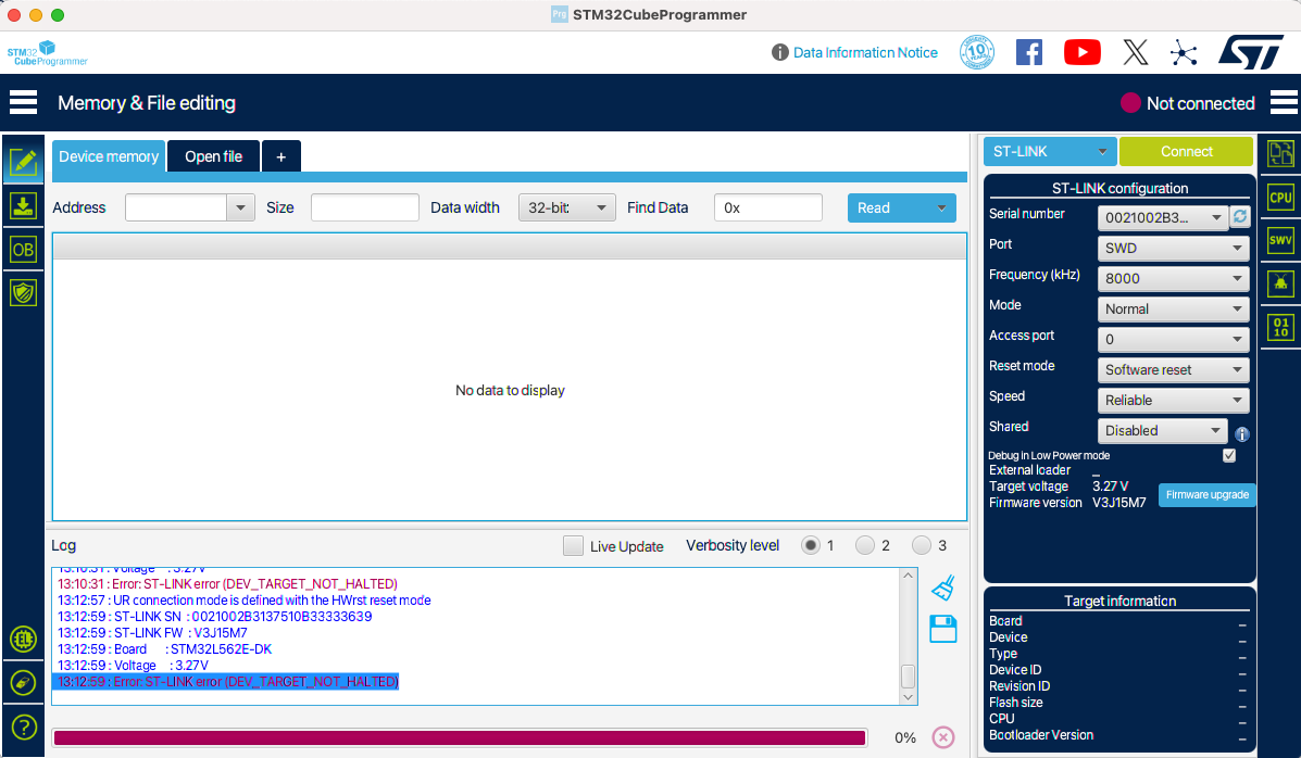 Solved: How to solve Error: ST-LINK error (DEV_TARGET_NOT_... - STMicroelectronics Community