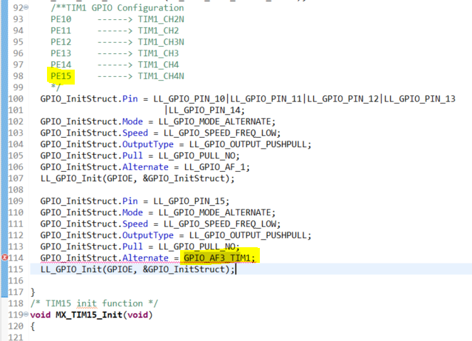 TIM1 cube MX code generation bug for PE15 as an al... - STMicroelectronics Community