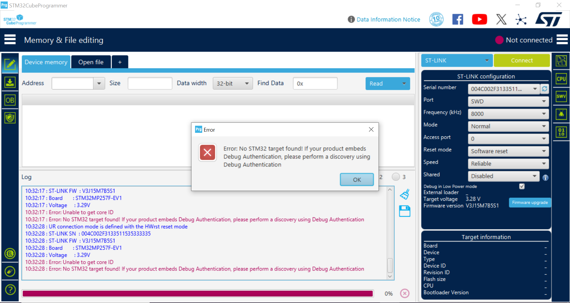 Cannot connect to STM32MP257F-EV - No STM32 target... - STMicroelectronics Community
