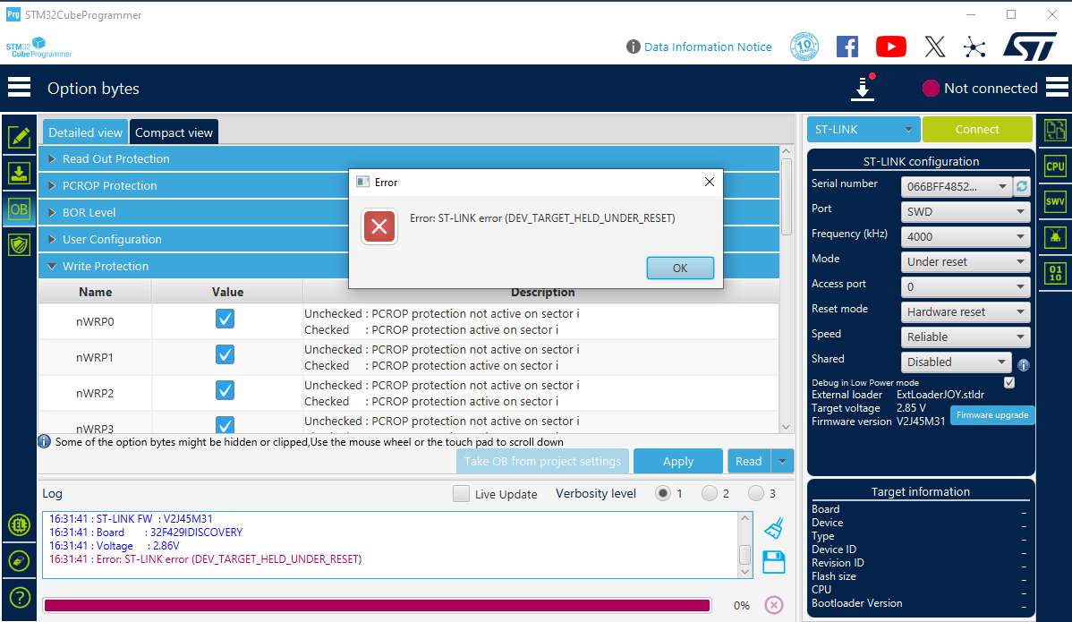 Error: failed to erase memory - STMicroelectronics Community
