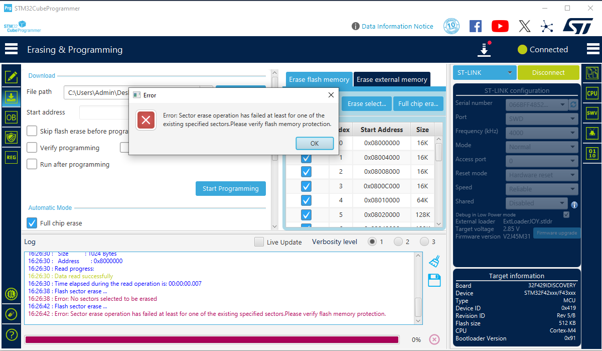 Error Failed To Erase Memory Stmicroelectronics Community