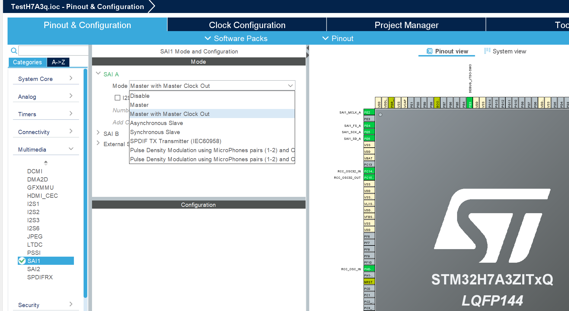 STM32H7A3 enabling SAI1 with I2S_CLKIN error? - STMicroelectronics Community
