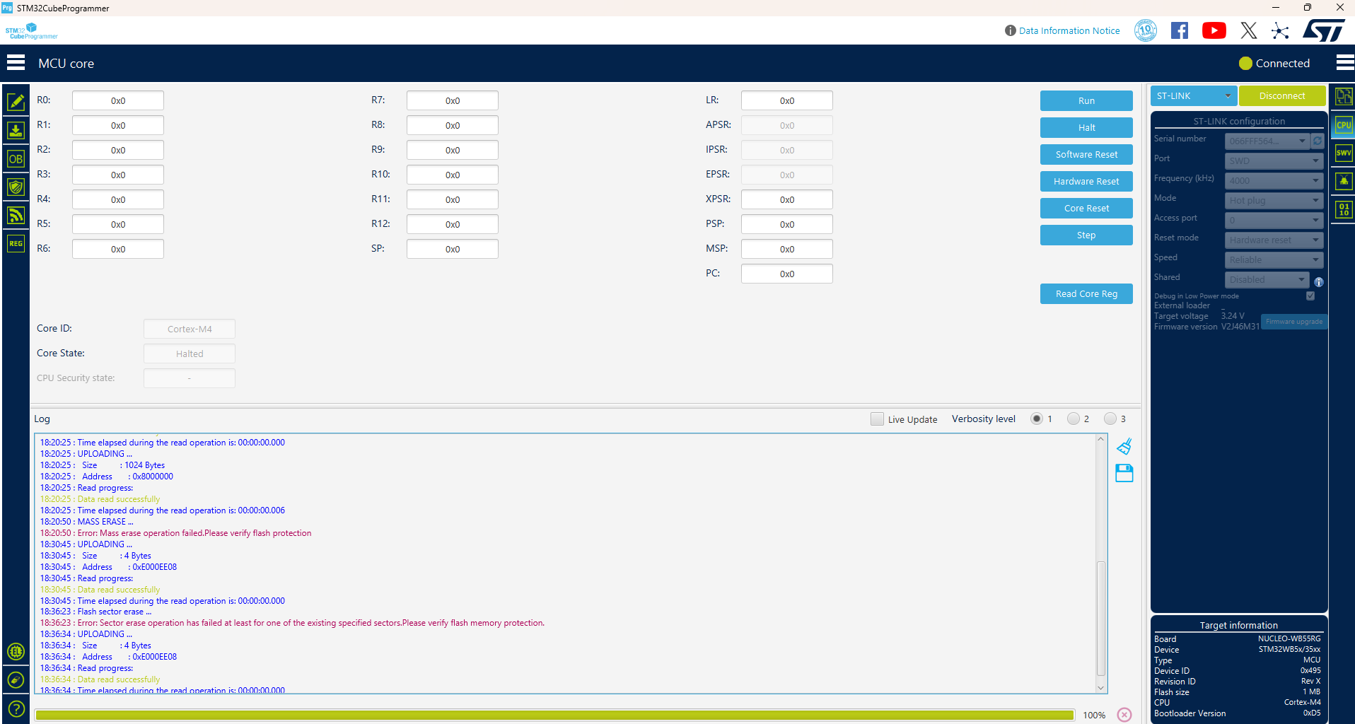 STM32WB5MMGH6TR unable to connect, debug and dump ...