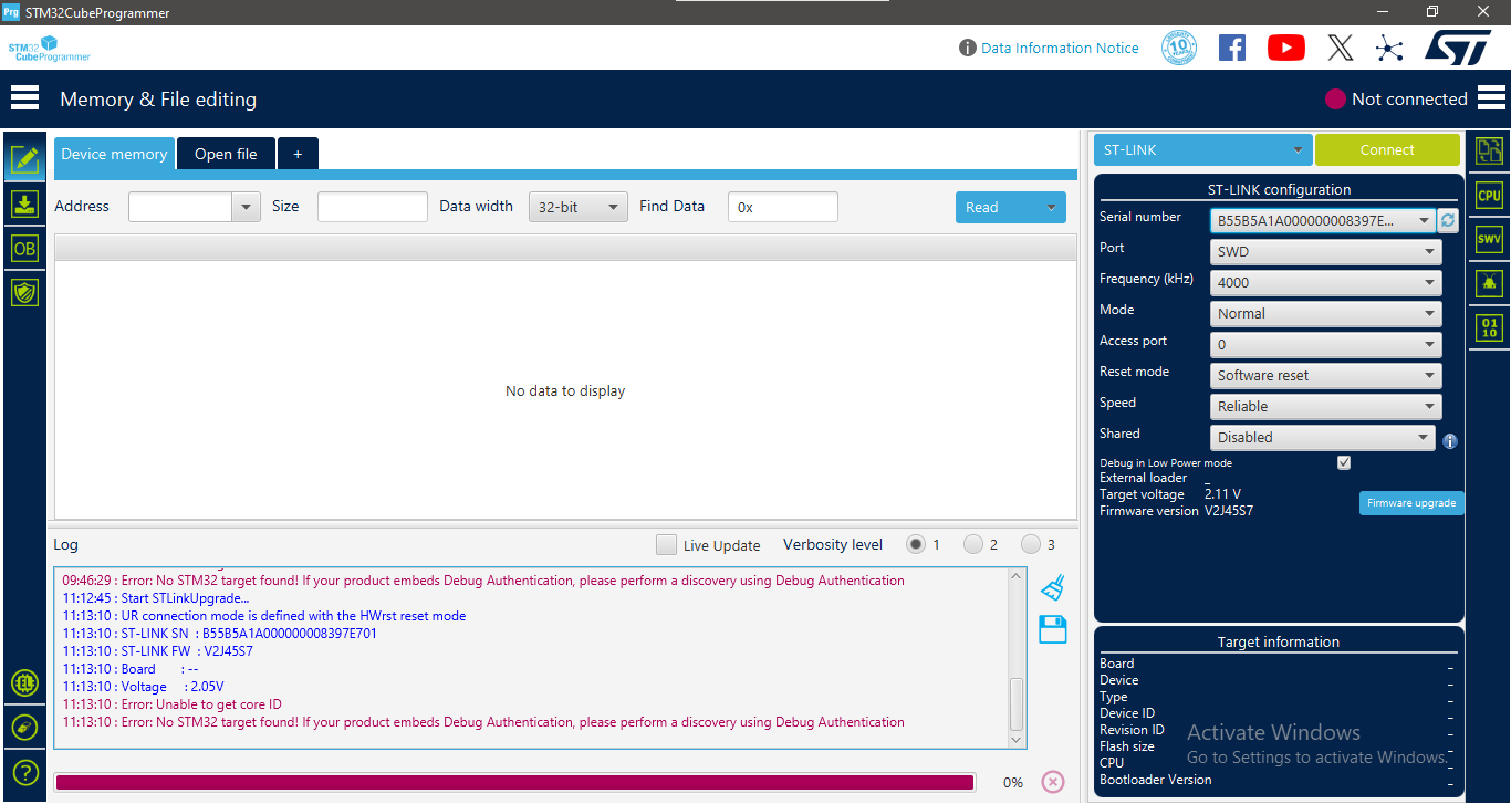 Solved St Link Utility Error “can Not Connect To Target Stmicroelectronics Community