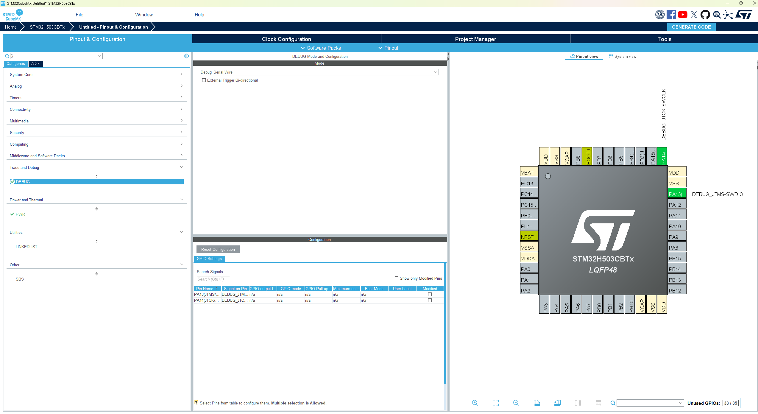Solved: STM32H503CBT6 Debug pins PA14/PA13 in IOC orange c... - STMicroelectronics Community