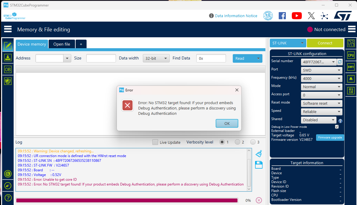 Solved: Error in initializing ST-LINK device in all boards - STMicroelectronics Community