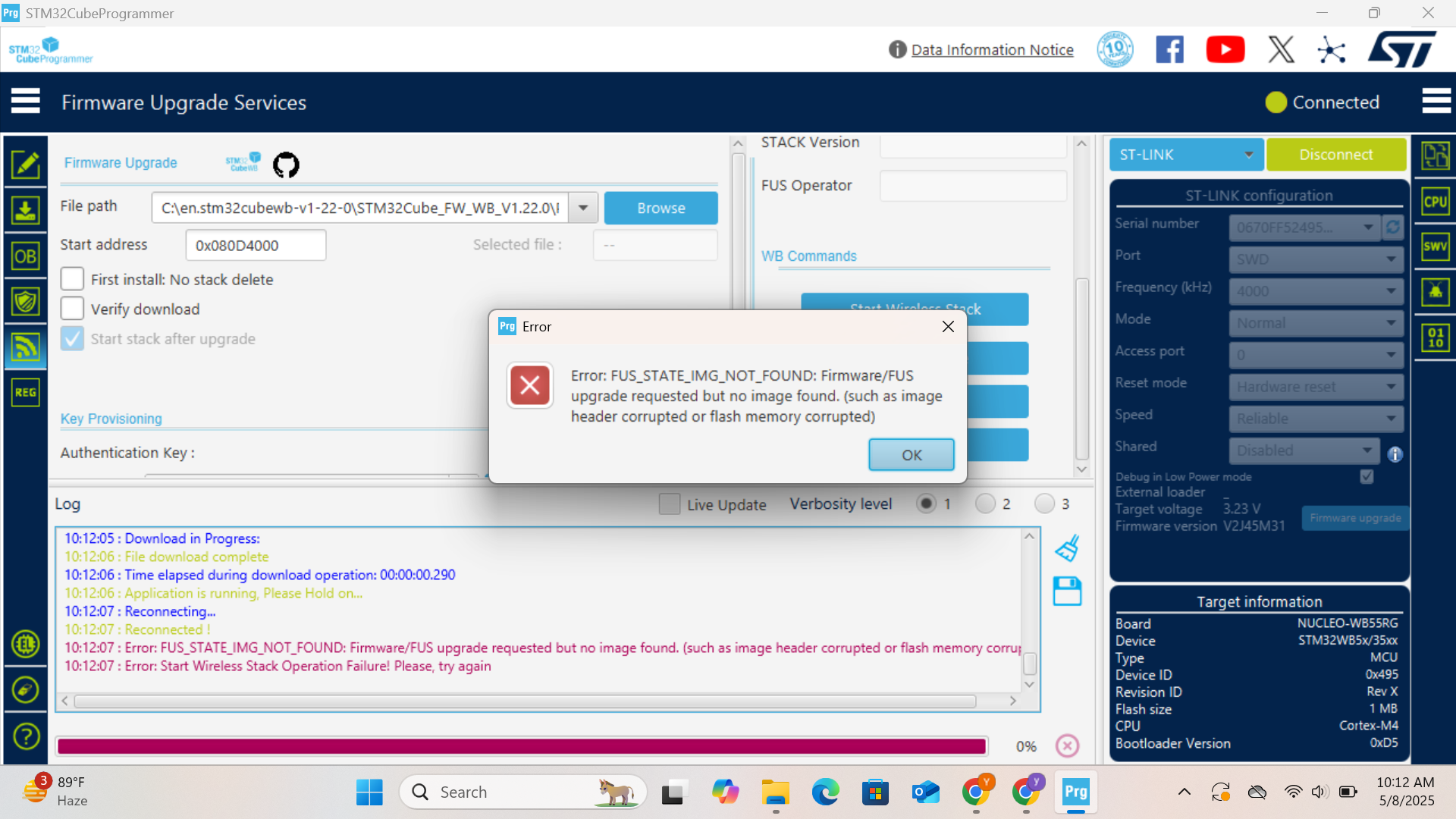 Solved: STM32WB55RG - Wireless Stack Installation Fails Du... - STMicroelectronics Community