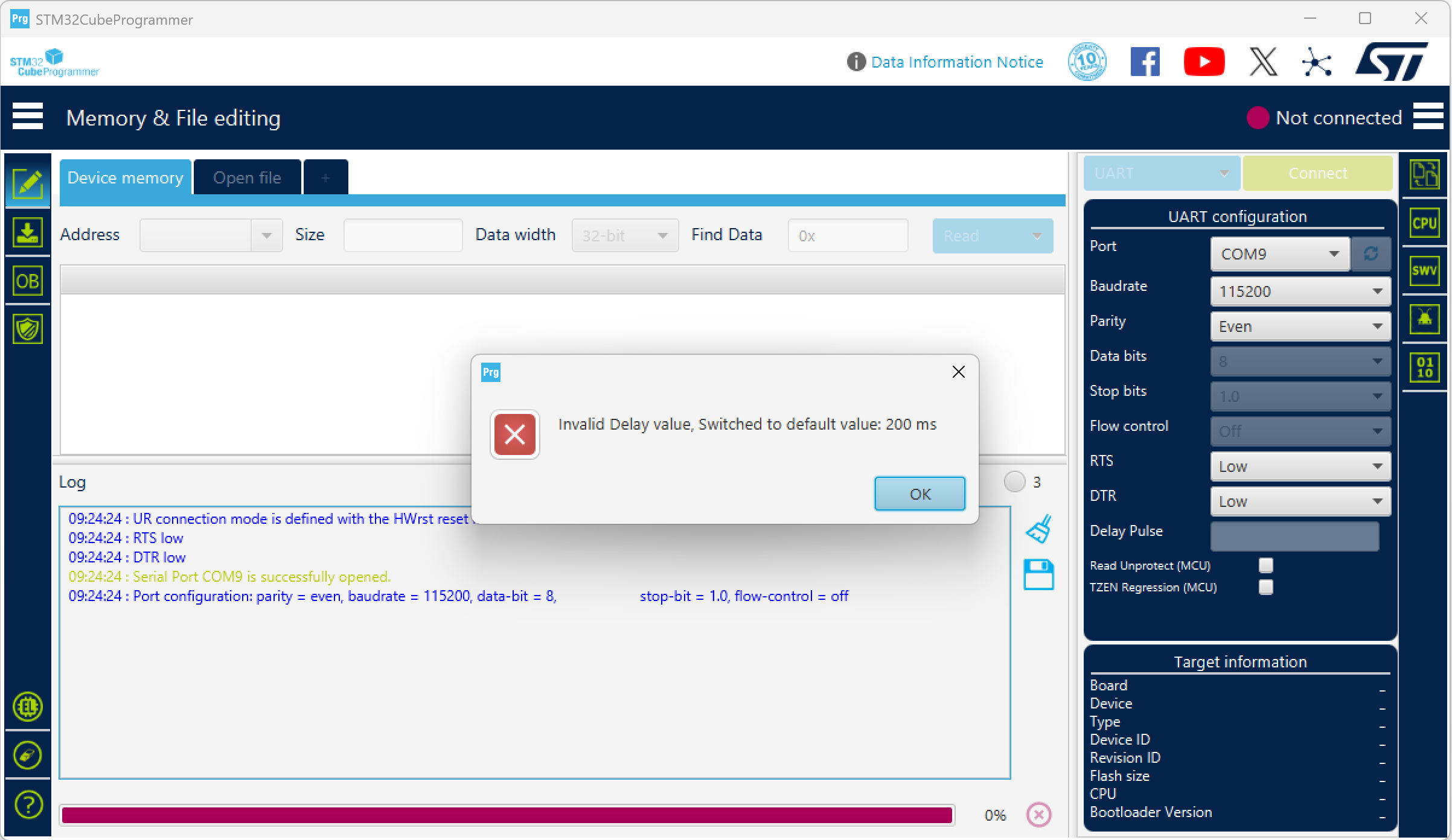 Solved: Error 'Invalid Delay value' when connect using UAR... - STMicroelectronics Community