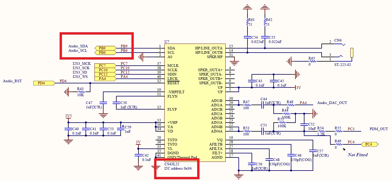 STM32F4 Discovery issue with I2C addresses of CS43... - STMicroelectronics Community