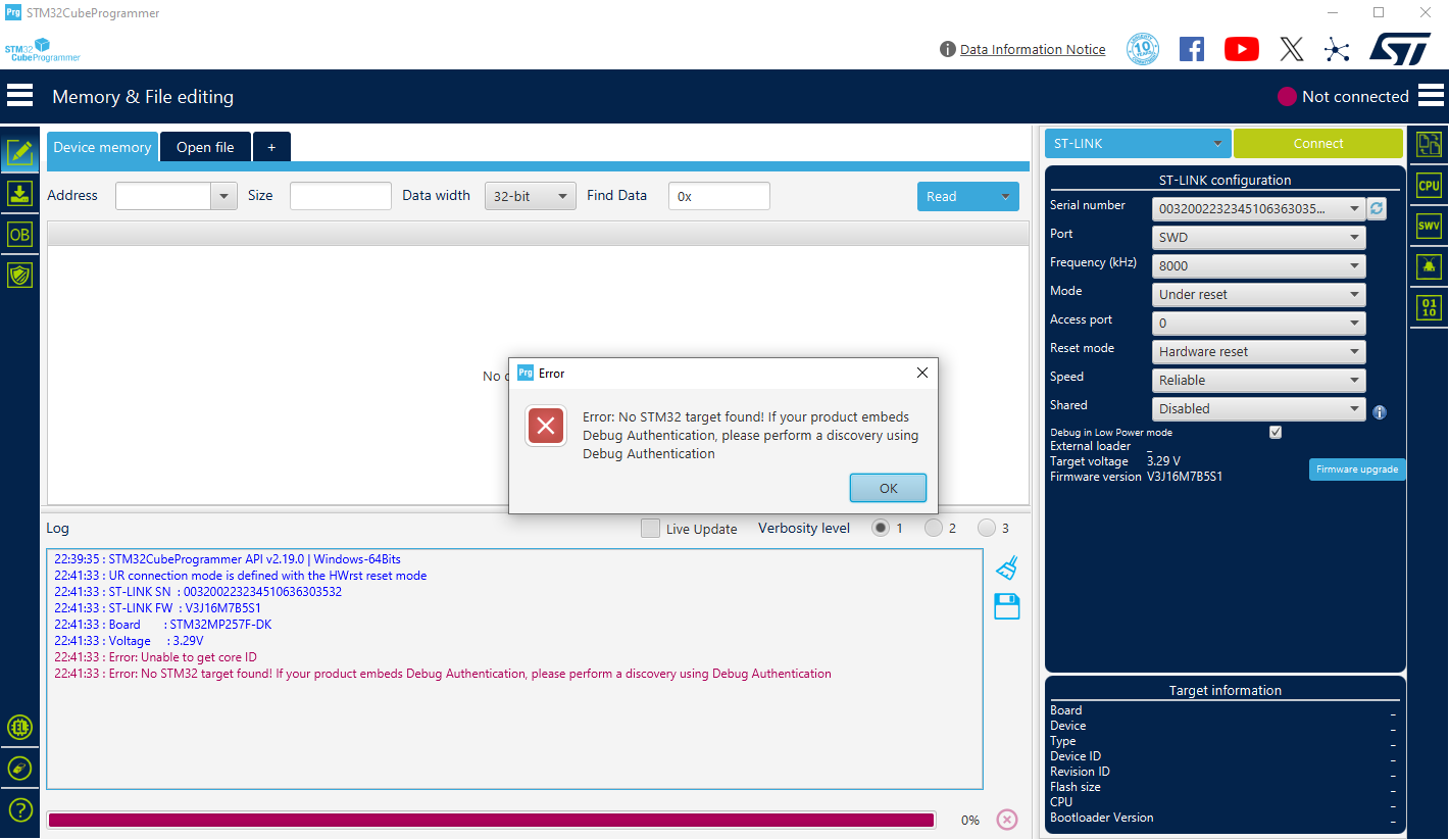 STM32MP257F-DK - Target is not responding, retryin... - STMicroelectronics Community
