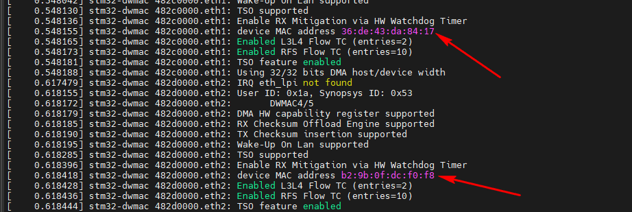 the MAC address settings for the STM32MP257 networ ...