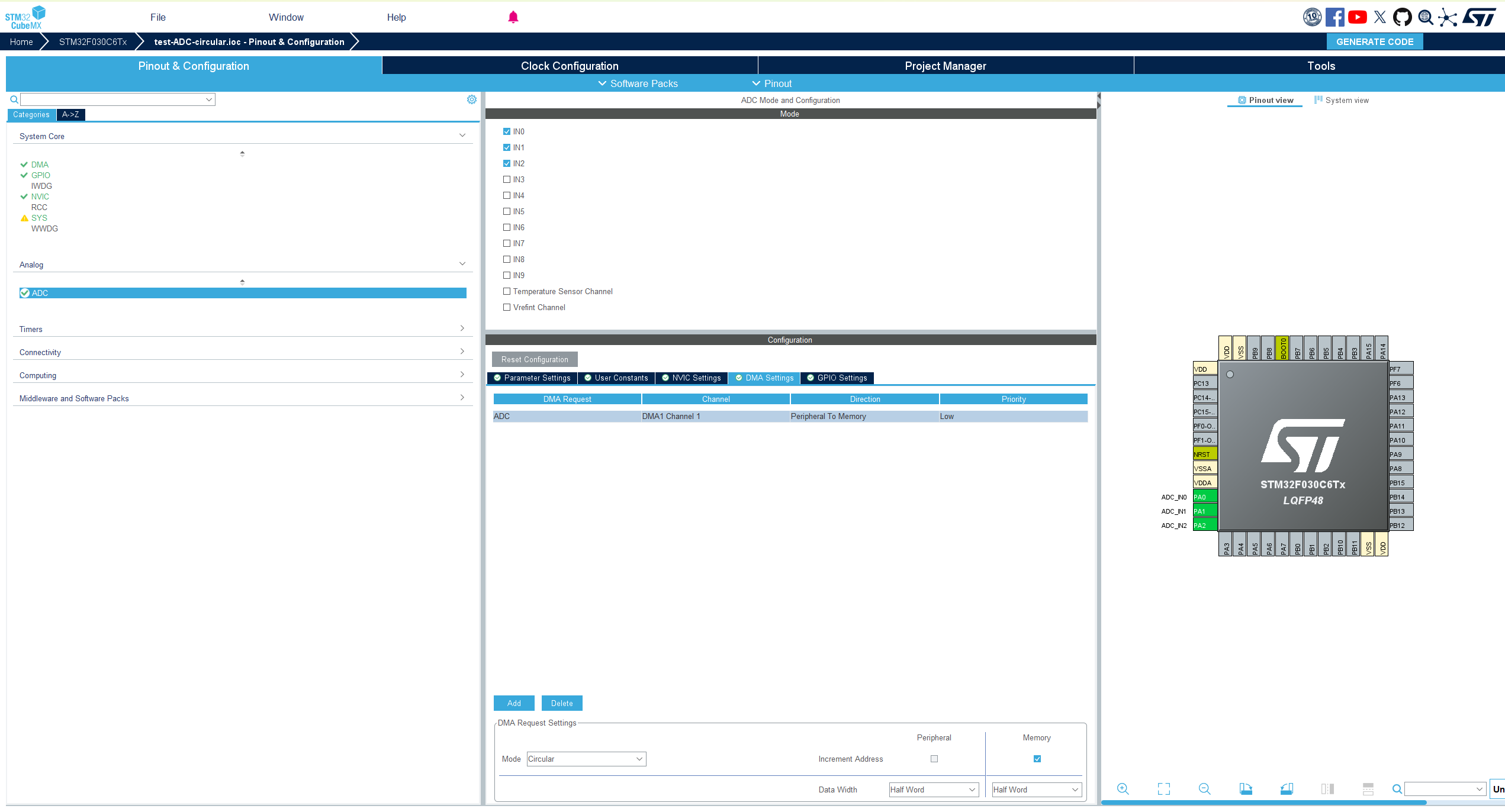 Stm32f030c6t6 Adc Dma Circular Mode Adc Conversio Stmicroelectronics Community