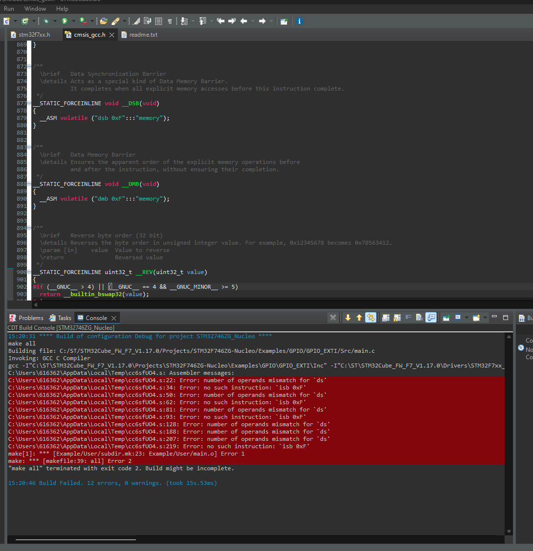 Errors building STM32G4 HAL example for STM32F746Z... - STMicroelectronics Community