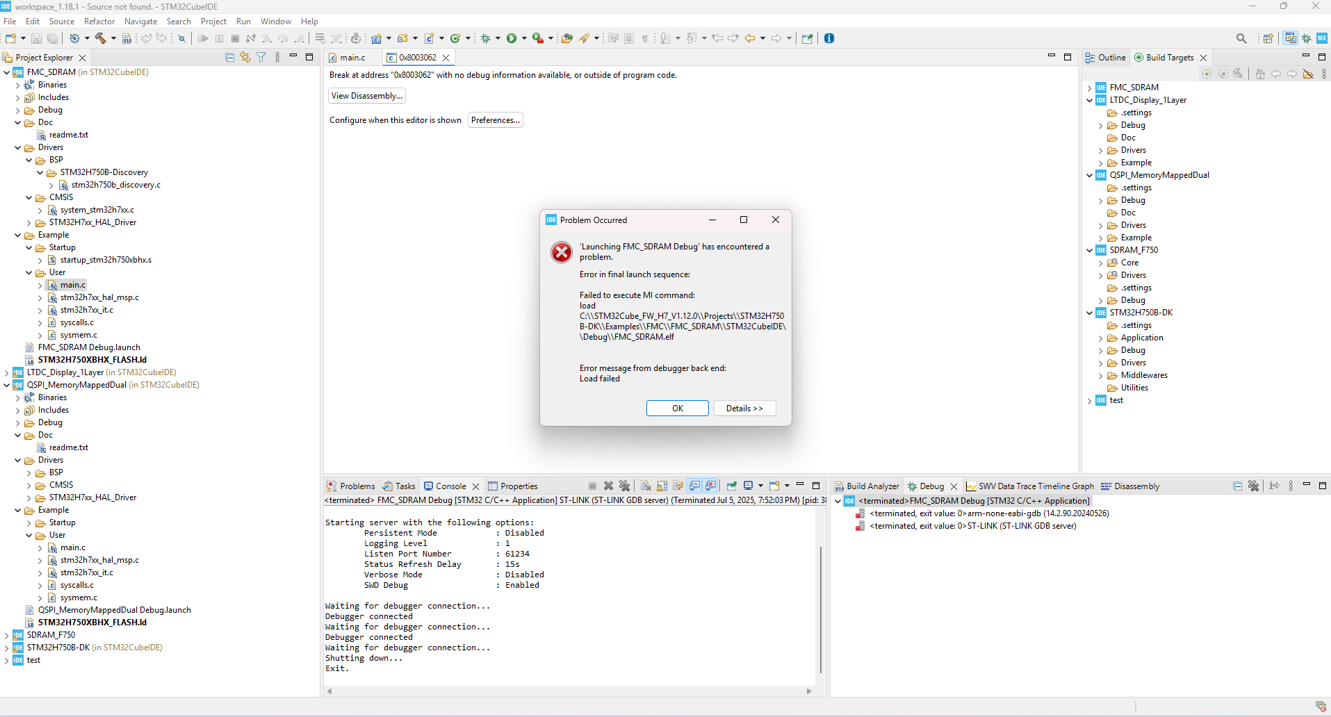 FMC_SDRAM example isn't Loading to STM32H750B-DK - STMicroelectronics Community