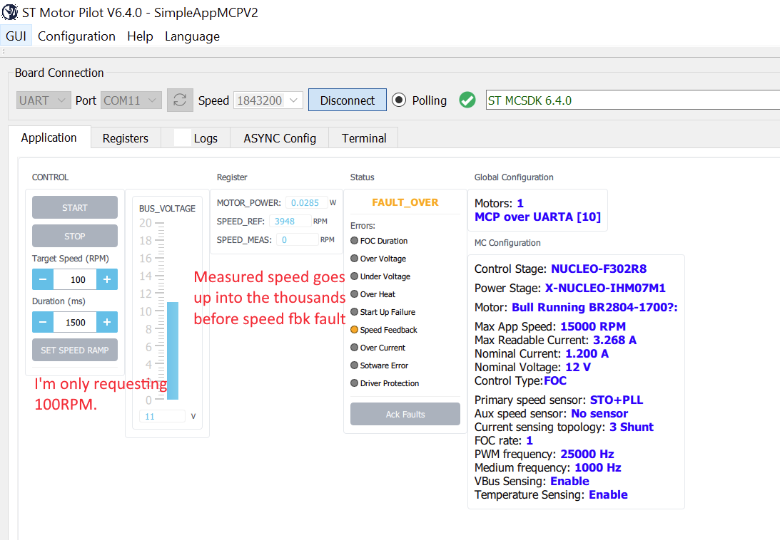 "Speed Feedback" fault in sensorless FOC mode on S... - STMicroelectronics Community