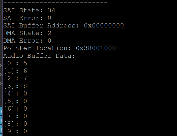 Solved: SAI4 Receiving, DMA Busy, No Buffer Update? (STM32... - STMicroelectronics Community
