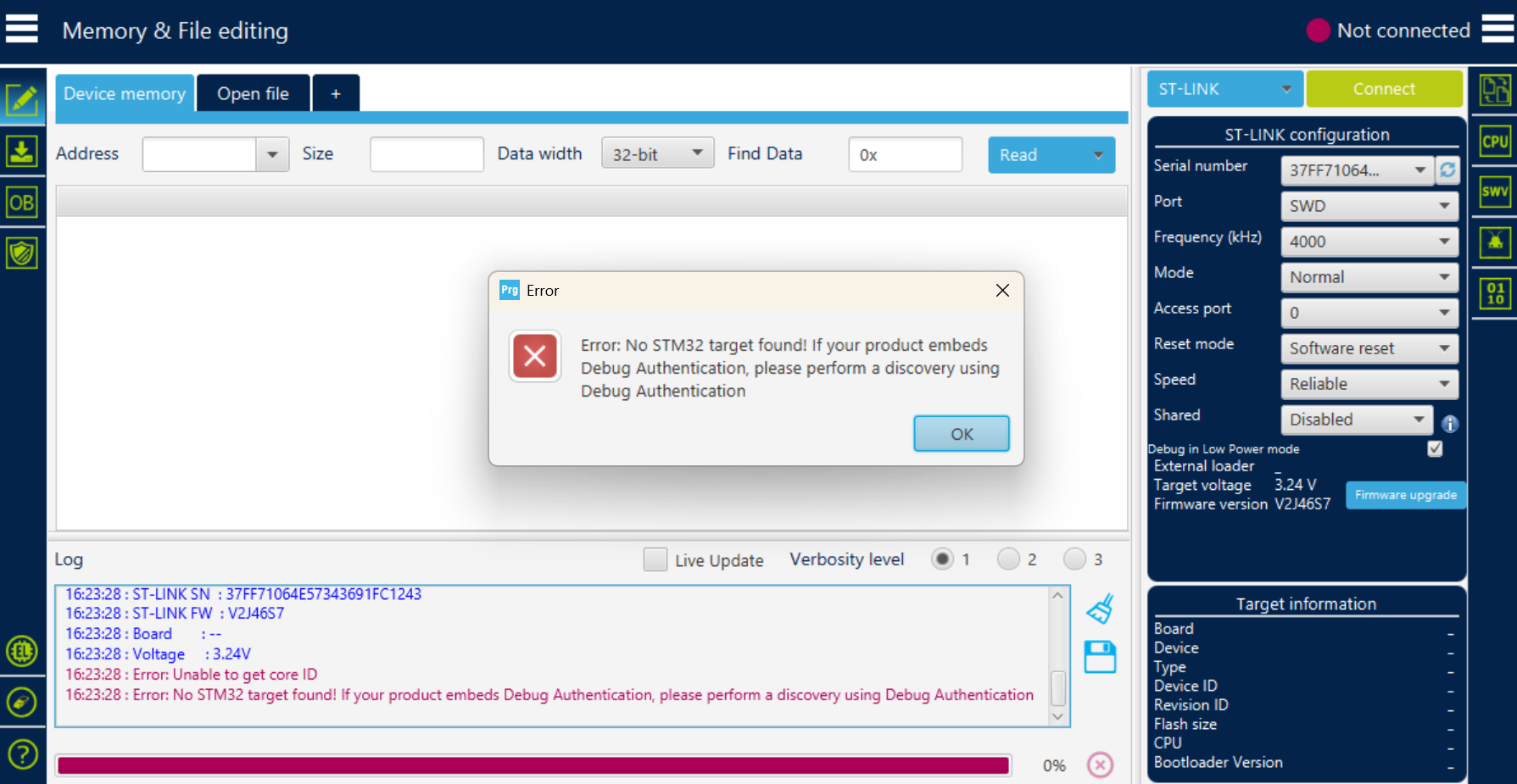 Target No Device Found Error In Initializing St L Stmicroelectronics Community
