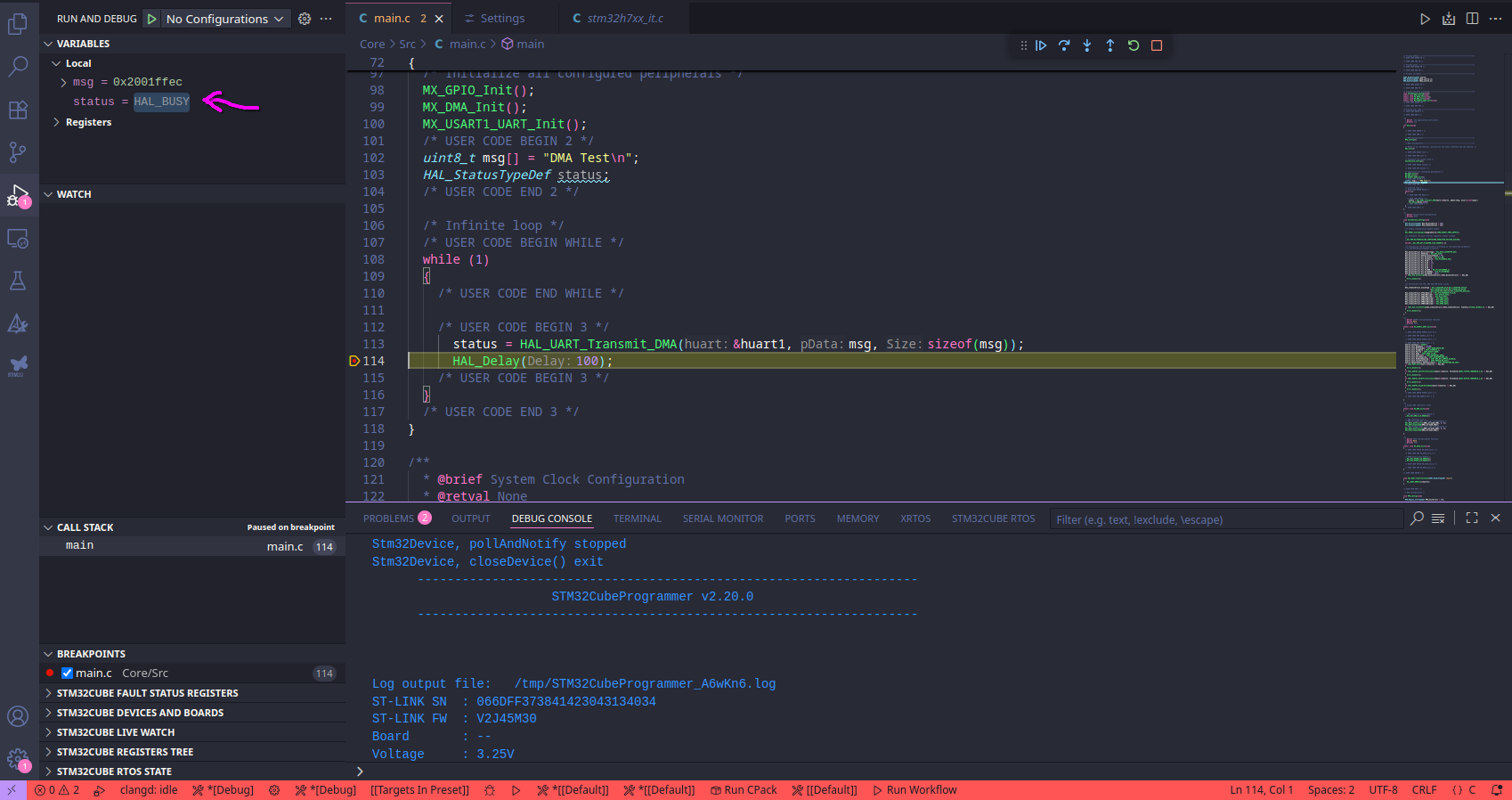 STM32 H7 DMA does not work with VSCode - STMicroelectronics Community