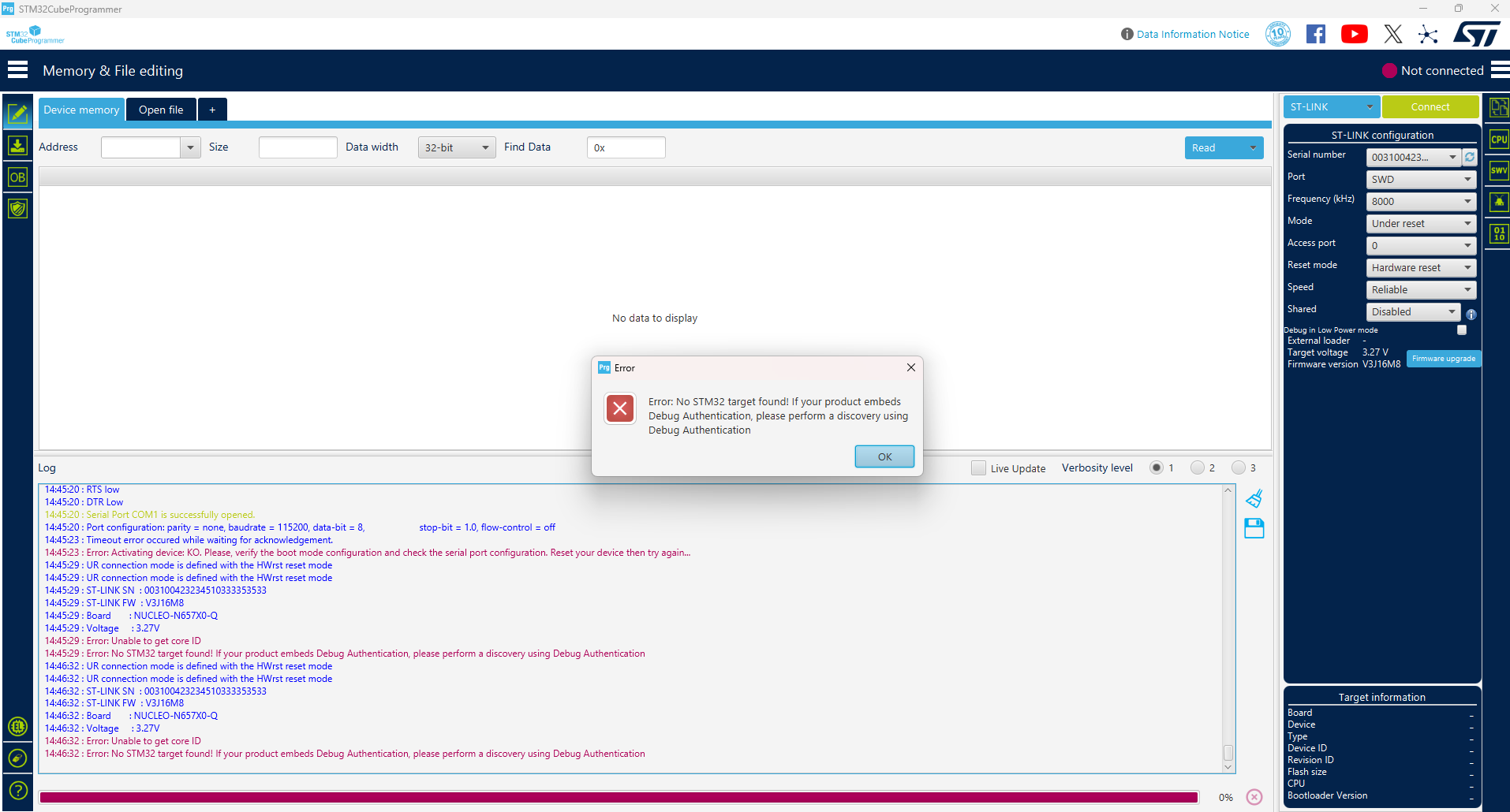 Nucleo-n657x0-q: CubeProgrammer Can't connect via ... - STMicroelectronics Community