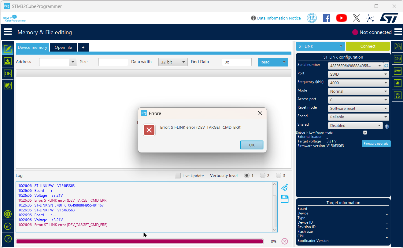 Error: ST-Link error (DEV_USB_COMM_ERR) - STMicroelectronics Community