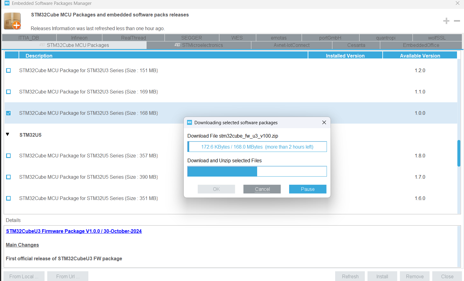 Unable to download any MCU package from the STM32U... - STMicroelectronics Community