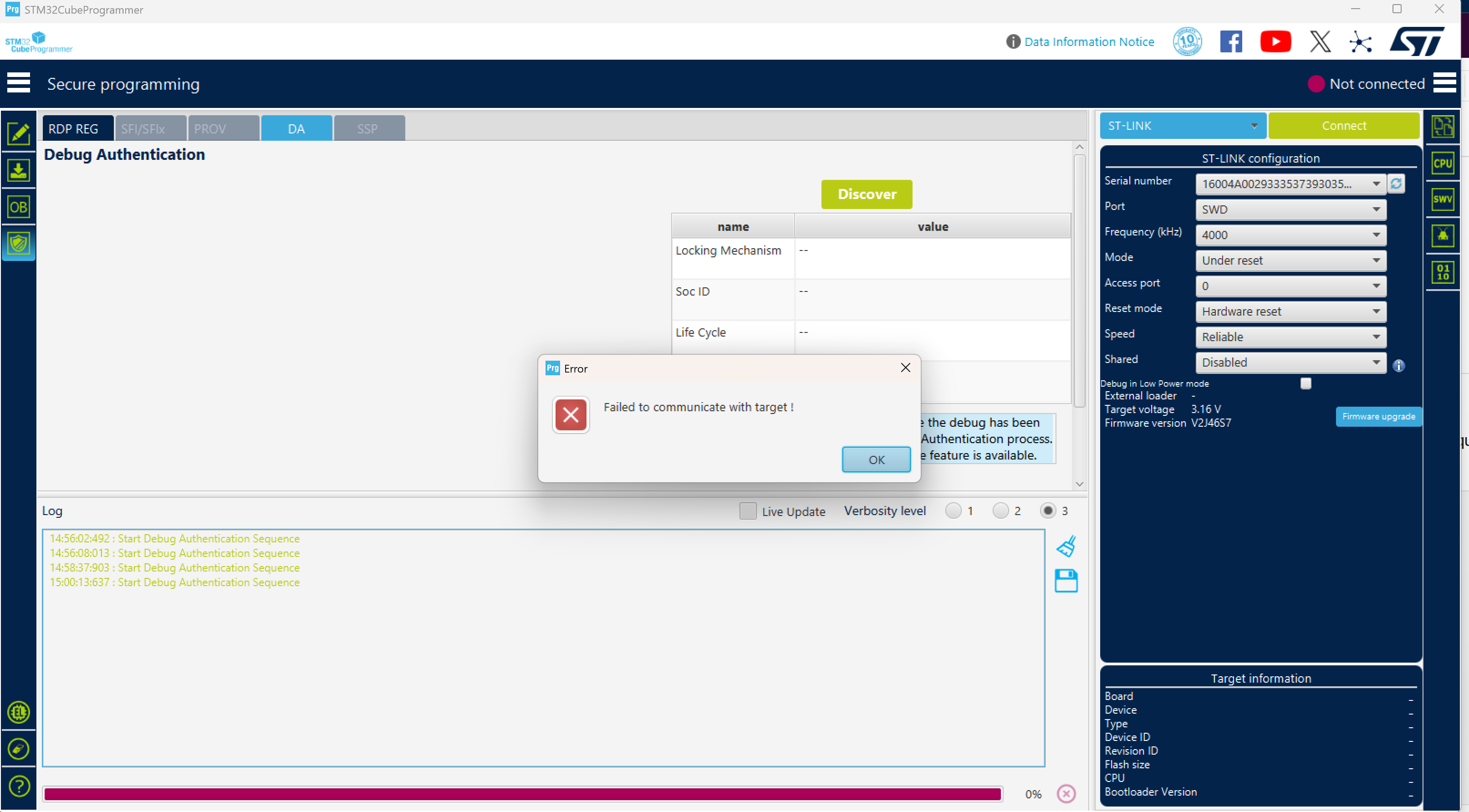 Solved: STM32CubeProgrammer Debug Authentication Discover ... - STMicroelectronics Community