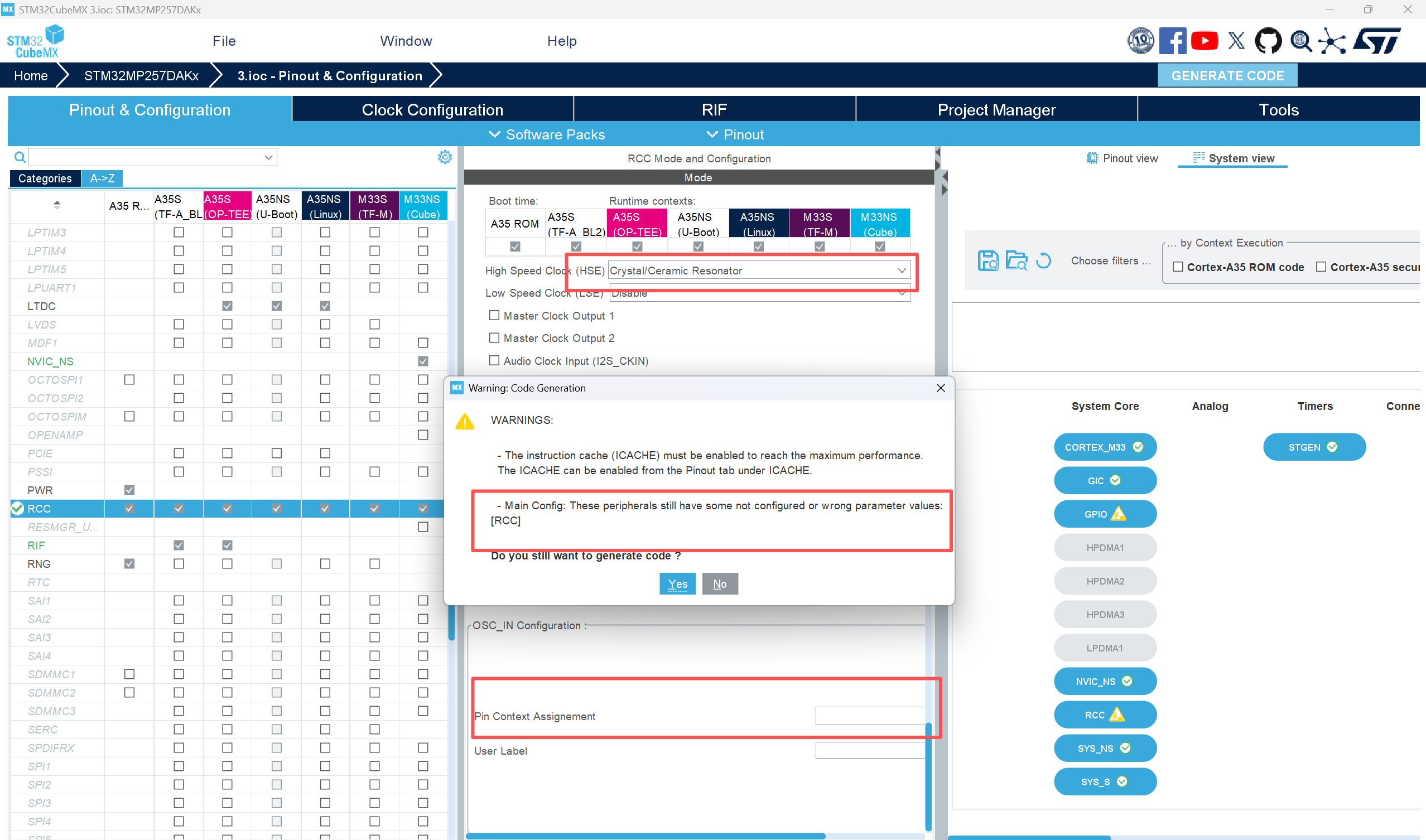 STM32MP25 CubeMX RCC Warning when HSE set to Cryst... - STMicroelectronics Community