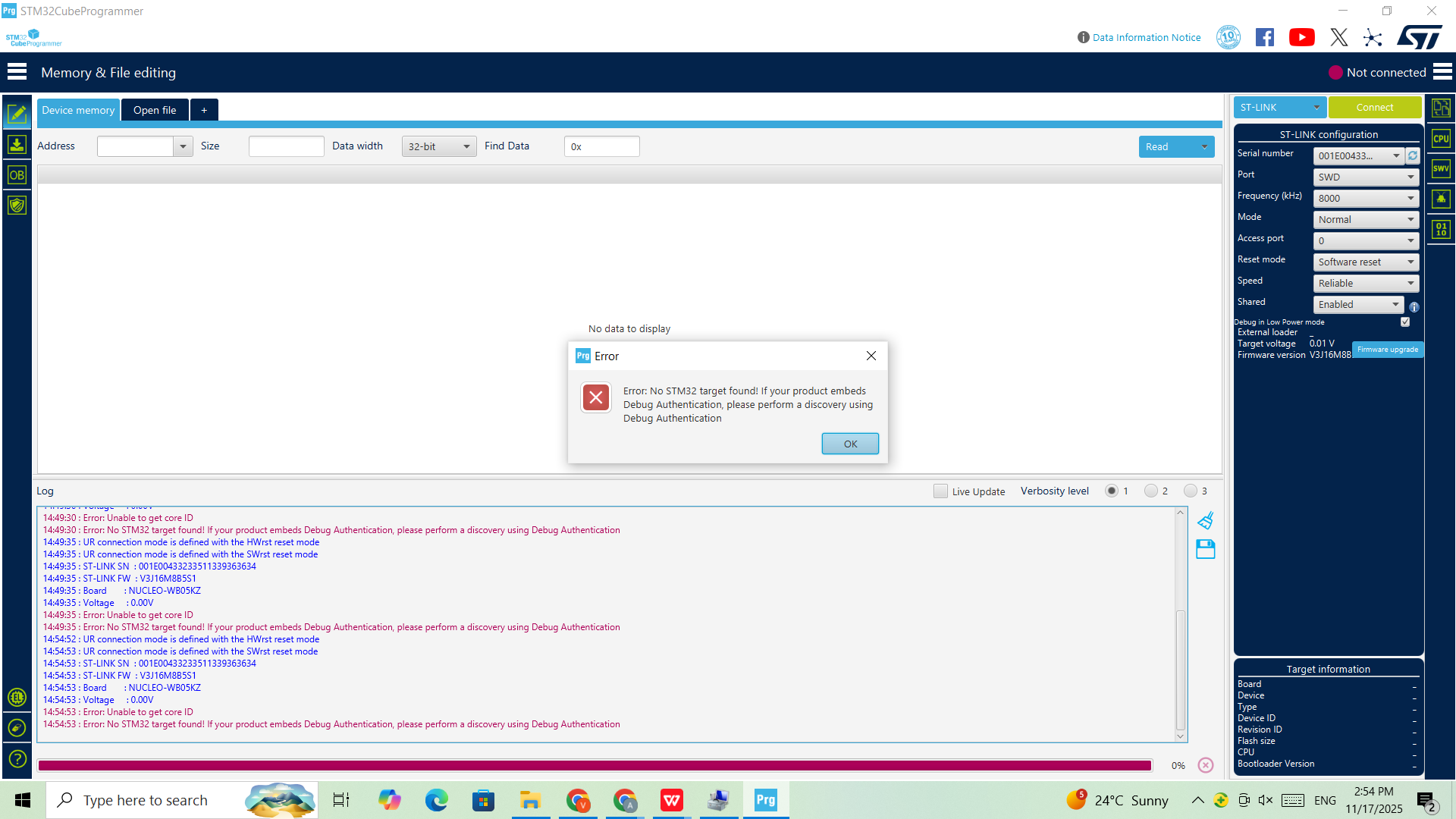 How to solve "Error: No STM32 target found!" using... - STMicroelectronics Community