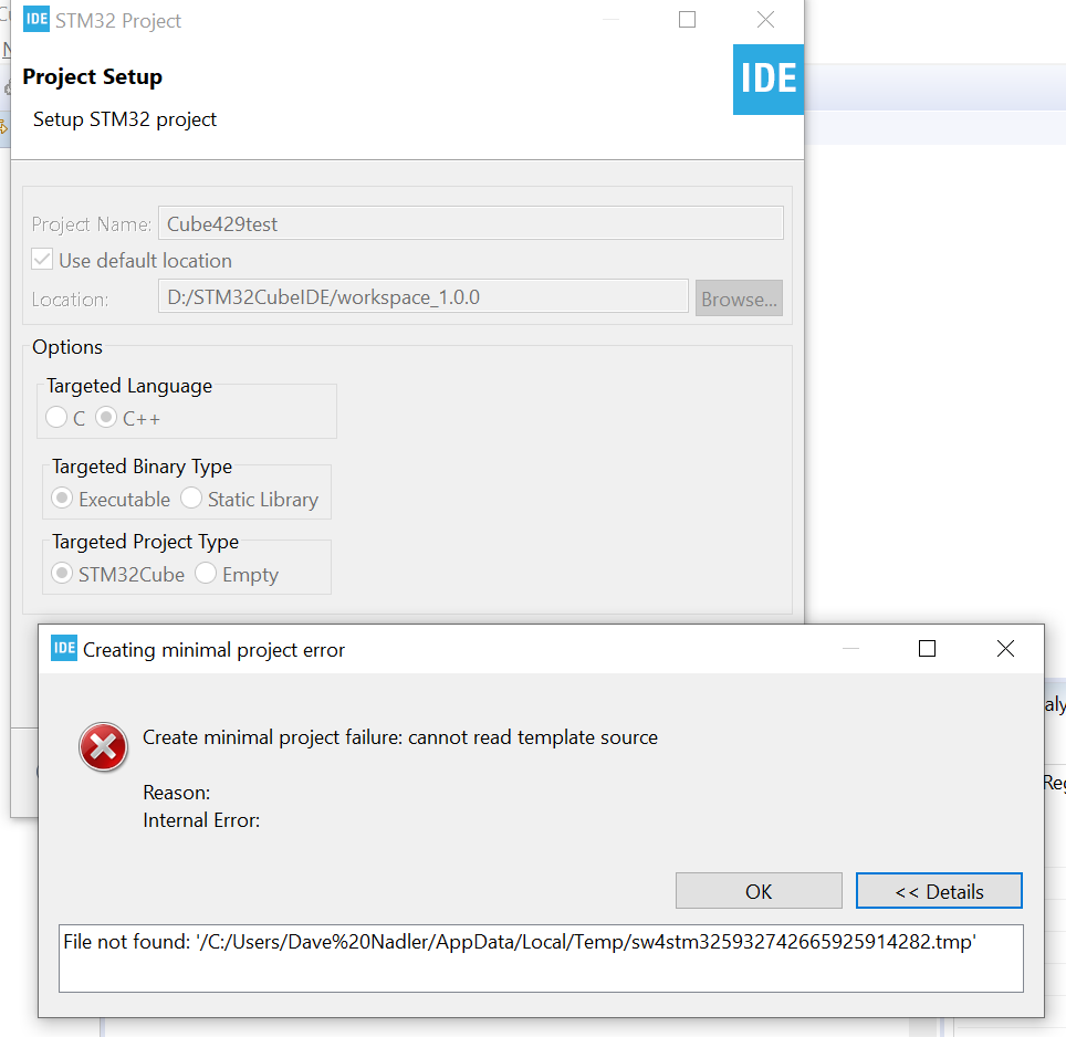 STMCubeIDE fails to create new STM32 Project - STMicroelectronics Community STMCubeIDE fails to create new STM32 Project - STMicroelectronics Community