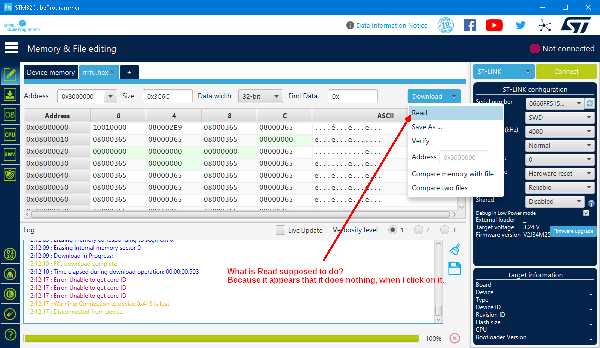 Solved In Cube Programmer What Is Read Supposed To Do In Stmicroelectronics Community