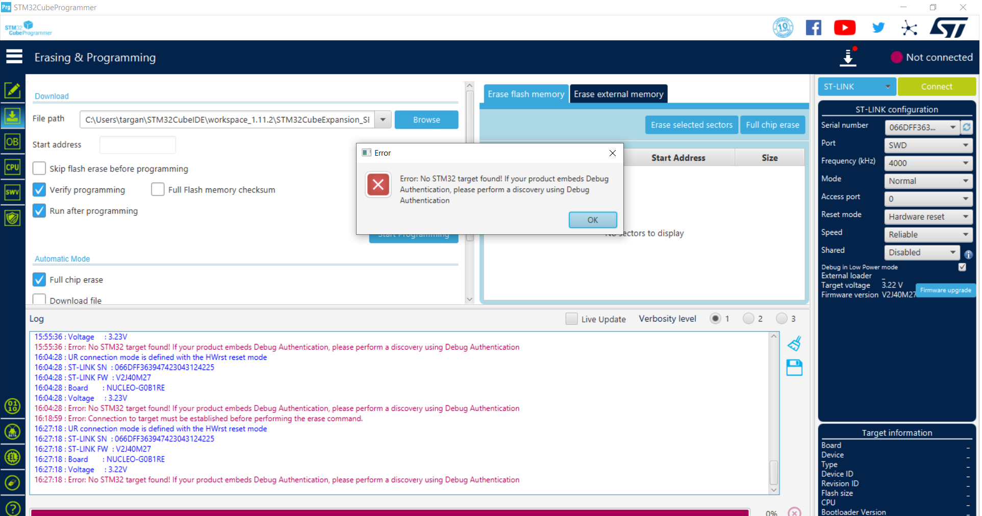 Stm32g0b1re Failed To Connect Stmicroelectronics Community