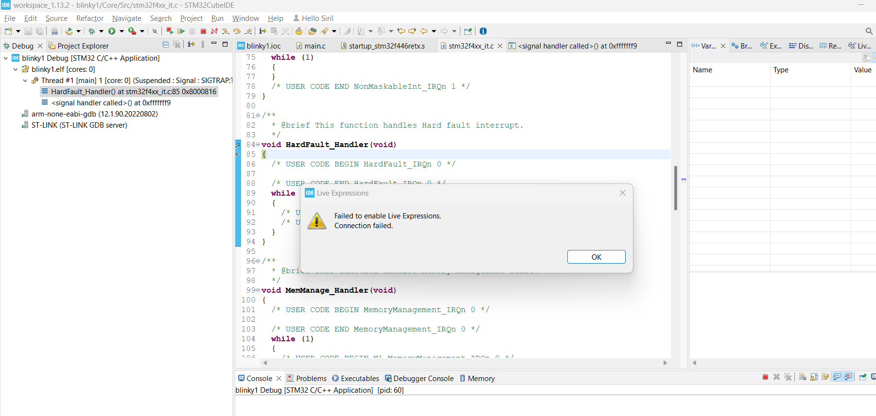 Unable to run basic LED toggle, Fails everytime - STMicroelectronics Community