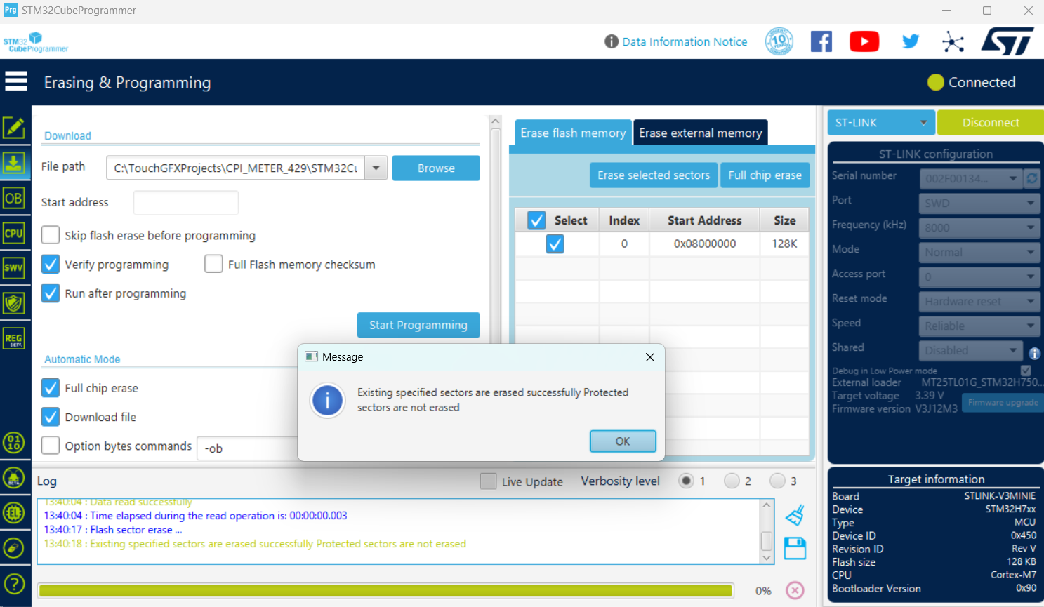 Error in Writing External Flash STM32H750B-DK - STMicroelectronics Community