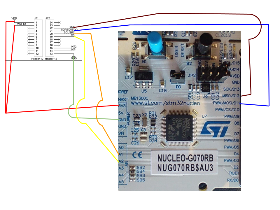 SPI connections from Nucleo-g070RB to STEVAL-MKI16 ... SPI connections from Nucleo-g070RB to STEVAL-MKI16 ...