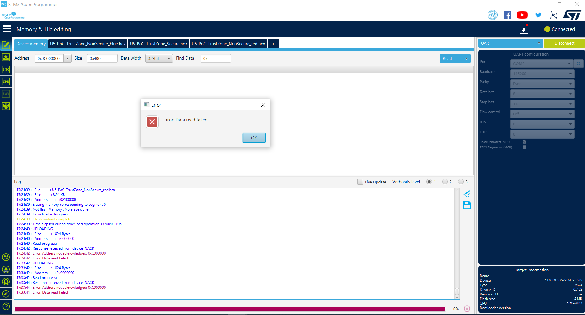 Solved: Not able to read 0x0C000000 location of STM32U575Z... - STMicroelectronics Community