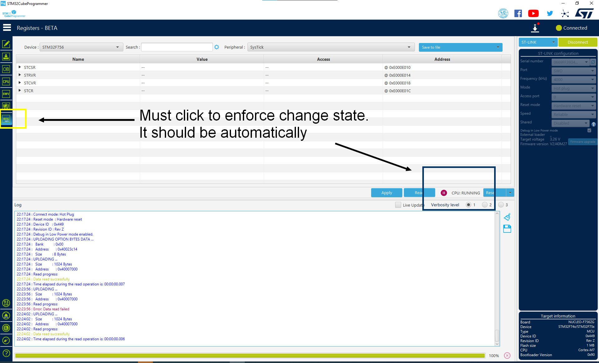 STM32CubeProgrammer: "Register" tab doesn't work a... - STMicroelectronics Community