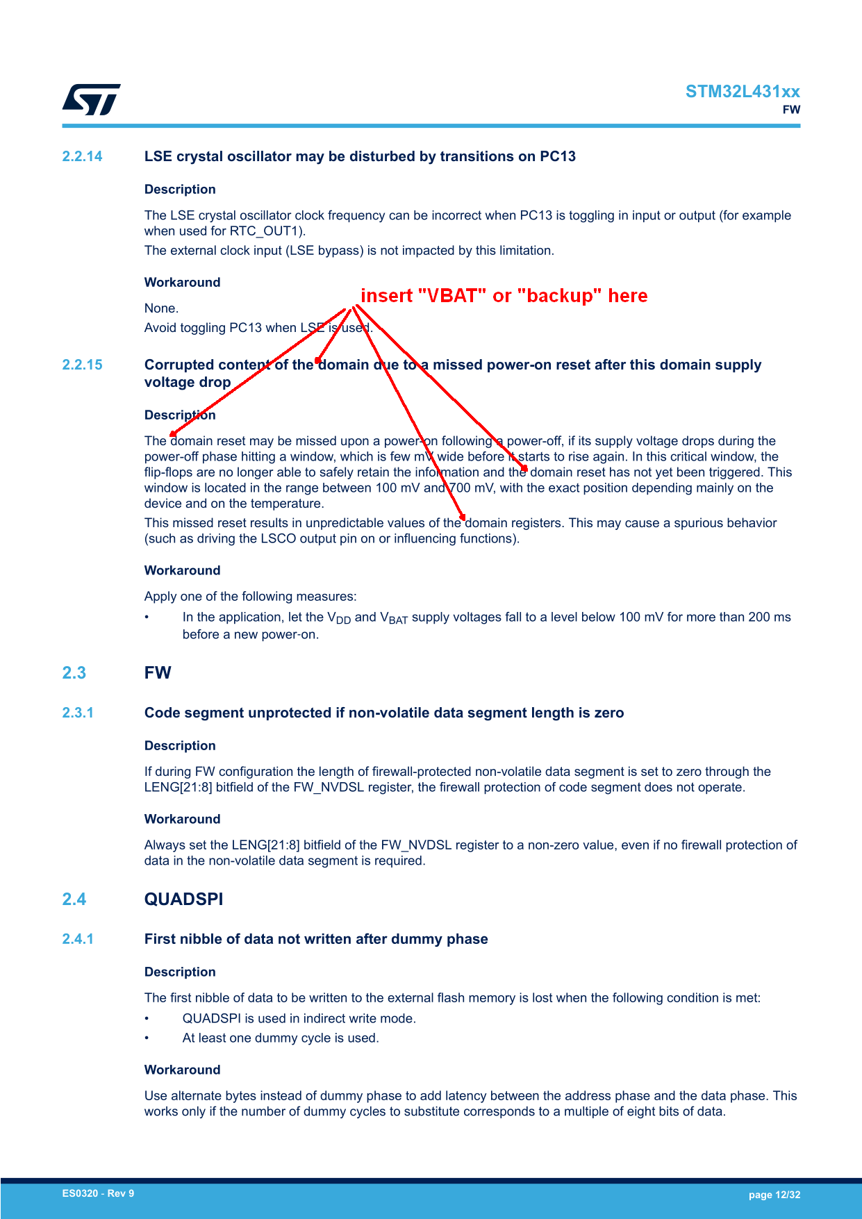 STM32L431 Errata: VBAT brownout erratum confusing ... - STMicroelectronics Community