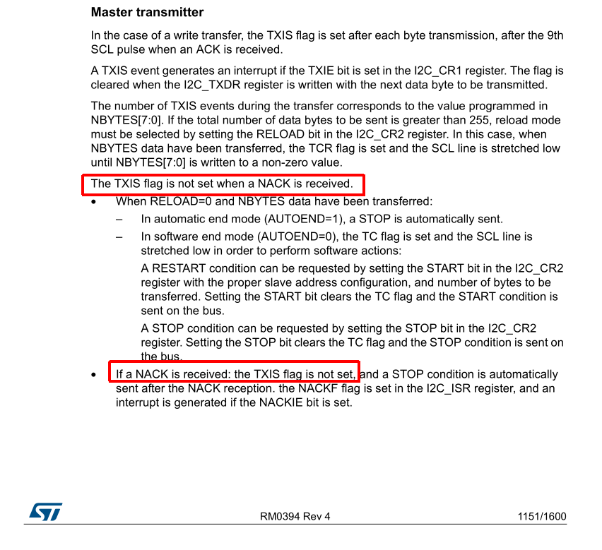 STM32L431 I2C master transmitter: TXIS is set when... - STMicroelectronics Community