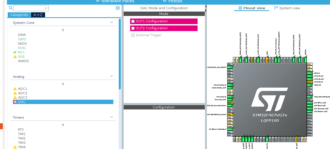 Solved: CUBEIDE wont let me configure DACS on F4 disco - STMicroelectronics Community