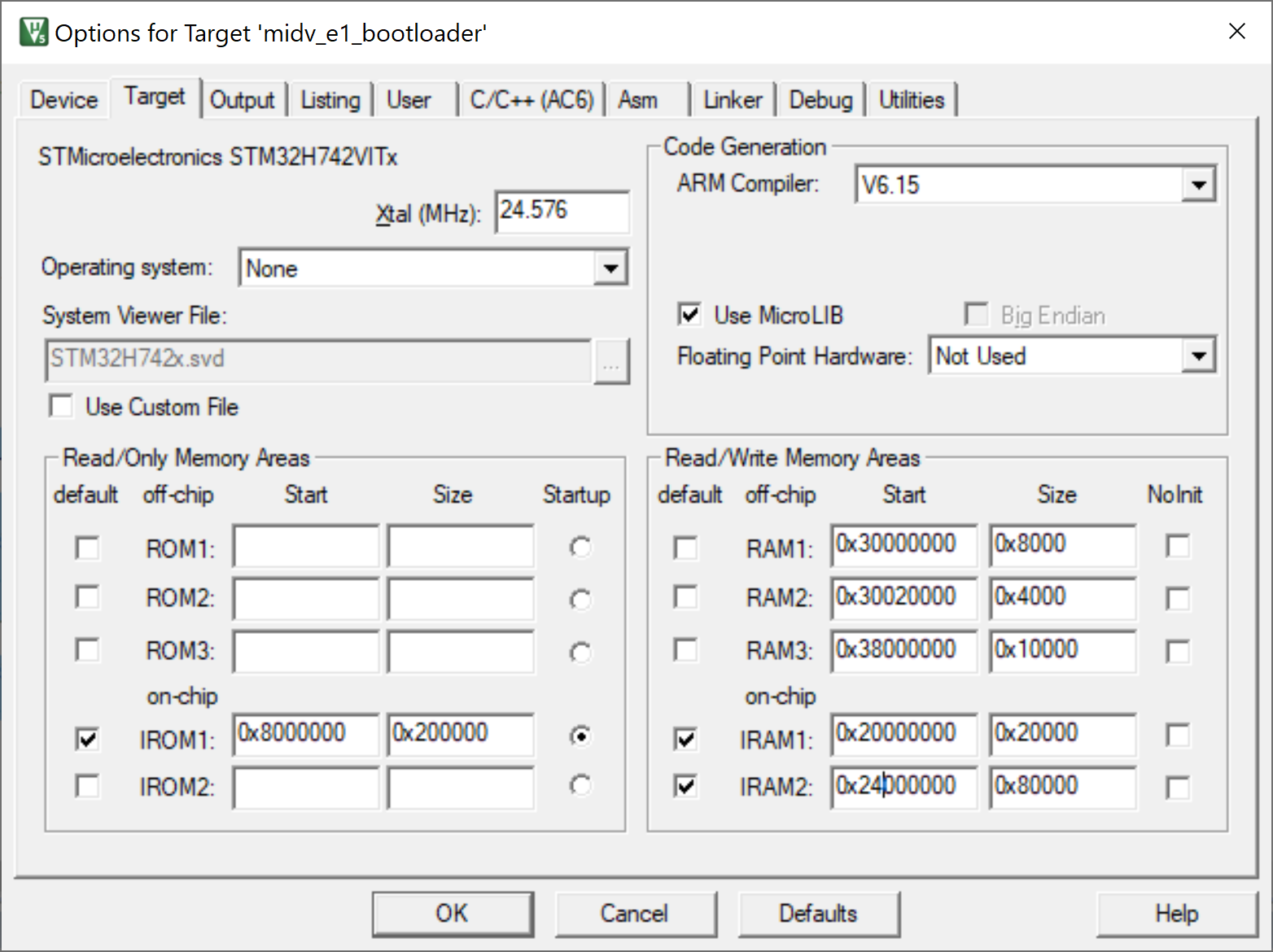 Solved: How to set up IRAM1/IRAM2 in Keil with STM32H742VI... - STMicroelectronics Community