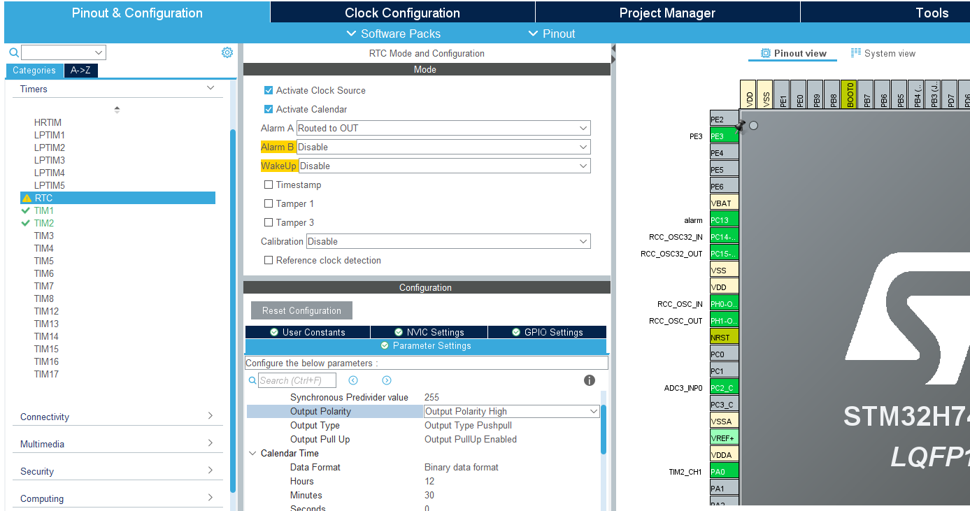 Solved: RTC configuration of outpot ALRM - STMicroelectronics Community