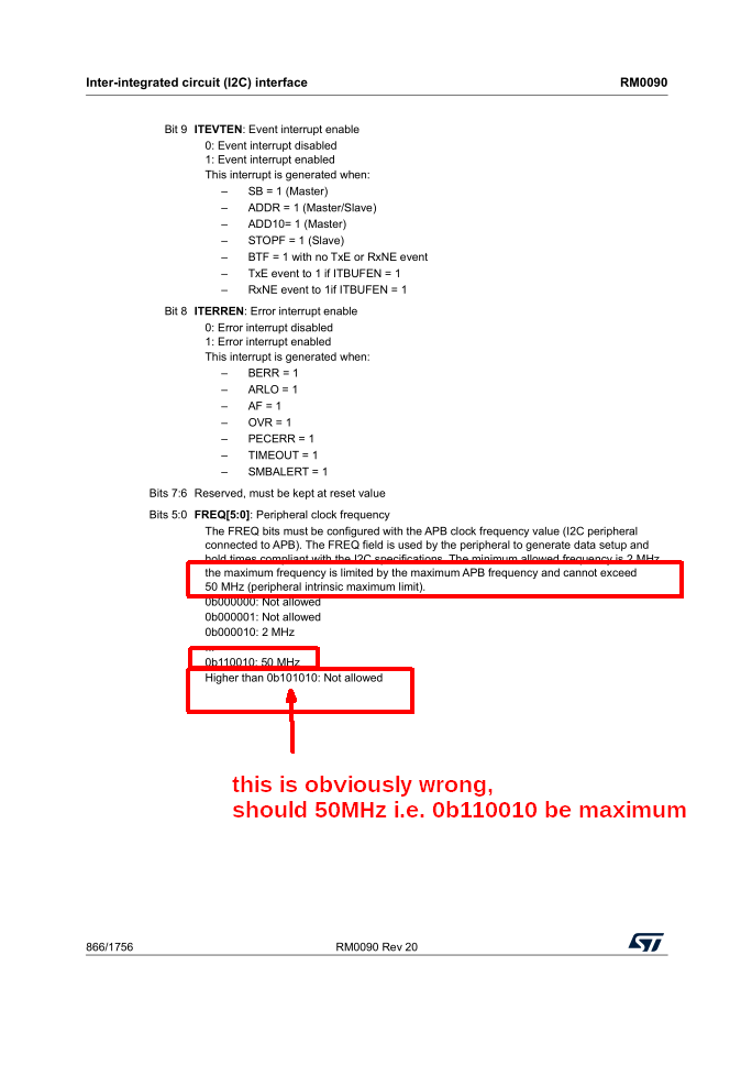STM32F429, I2C_CR2 register setting, maximum APB f... - STMicroelectronics Community