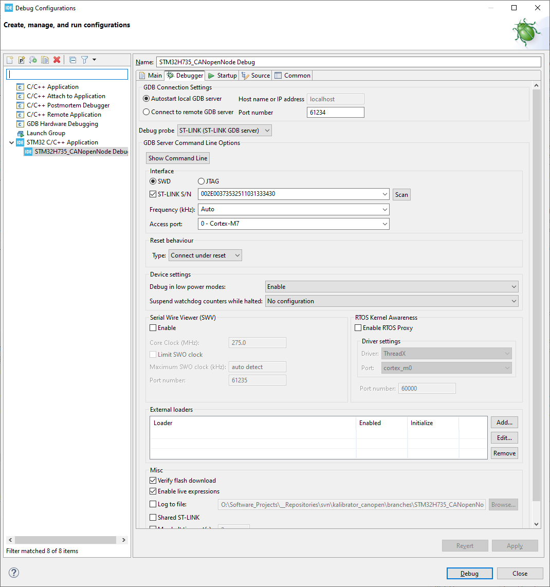 Debugging with "Autostart local GDB server" not wo... - STMicroelectronics Community