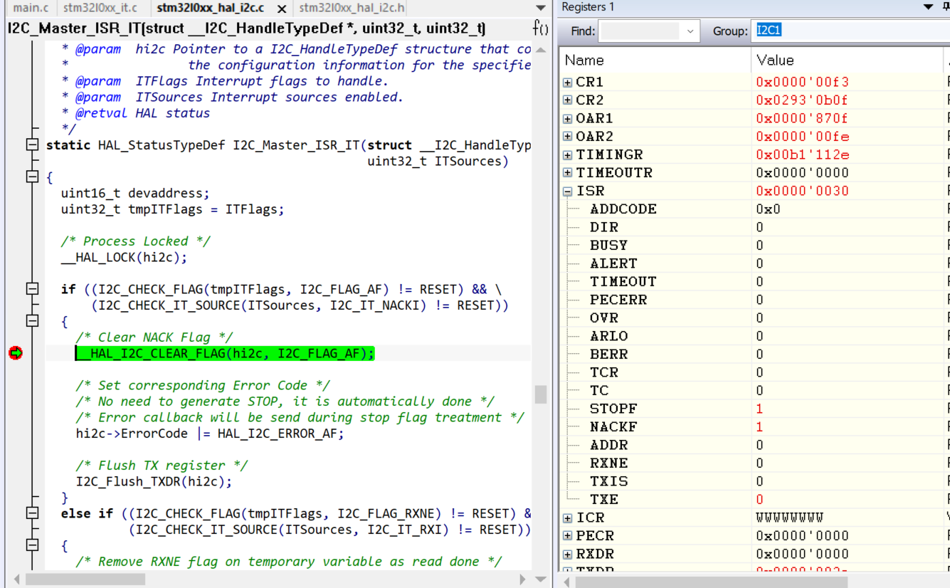 STM32L431 I2C master transmitter: TXIS is set when... - STMicroelectronics Community