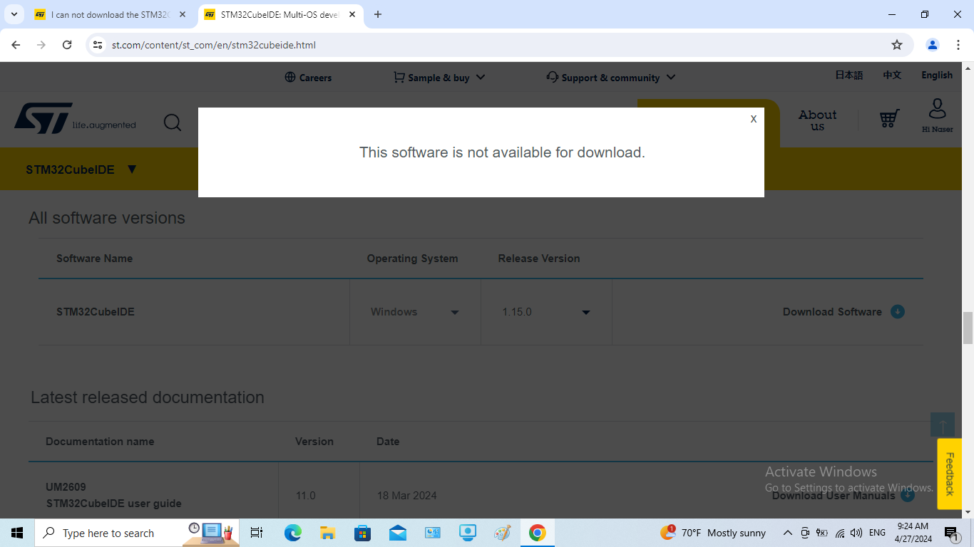 Unable to download any software - STMicroelectronics Community