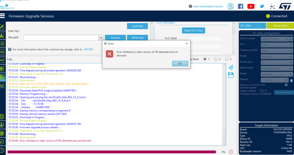 Cubeprogrammer Fus Is Not Possible Due To Error R Stmicroelectronics Community