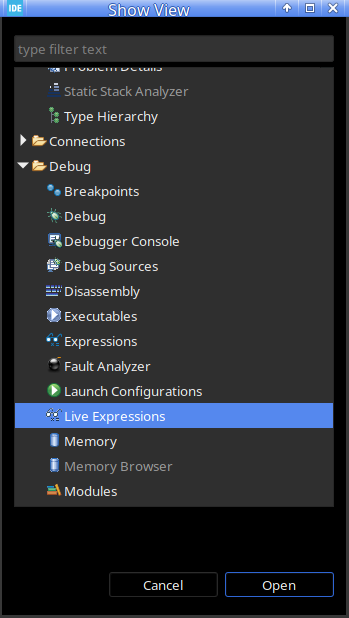 Solved How To Open Live Expressions Tab Stmicroelectronics Community
